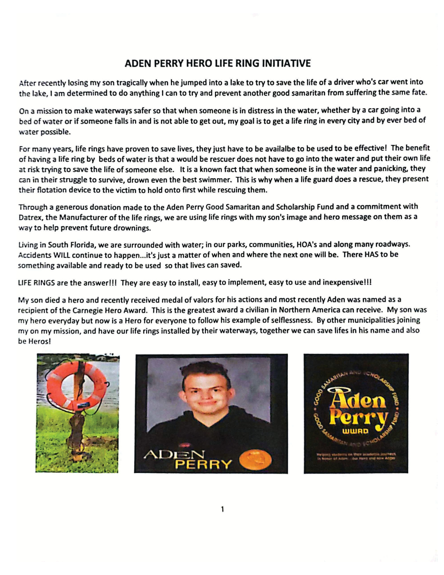 Save a Life. Support The Aden Perry Hero Life Ring Initiative. - The ...